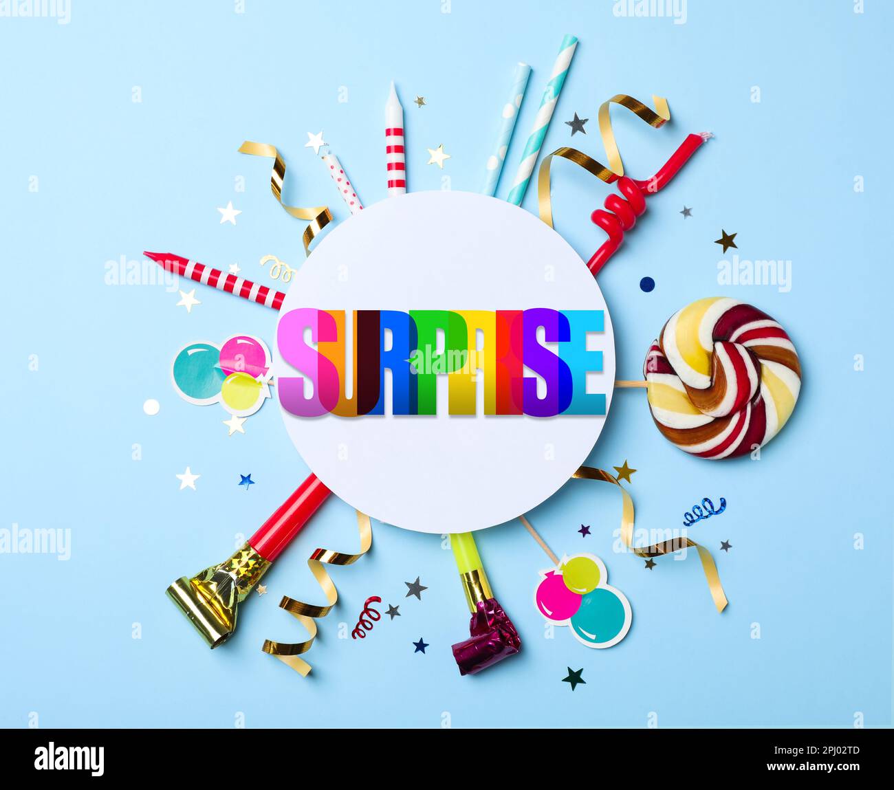 Flat lay composition with different items for surprise party on light ...