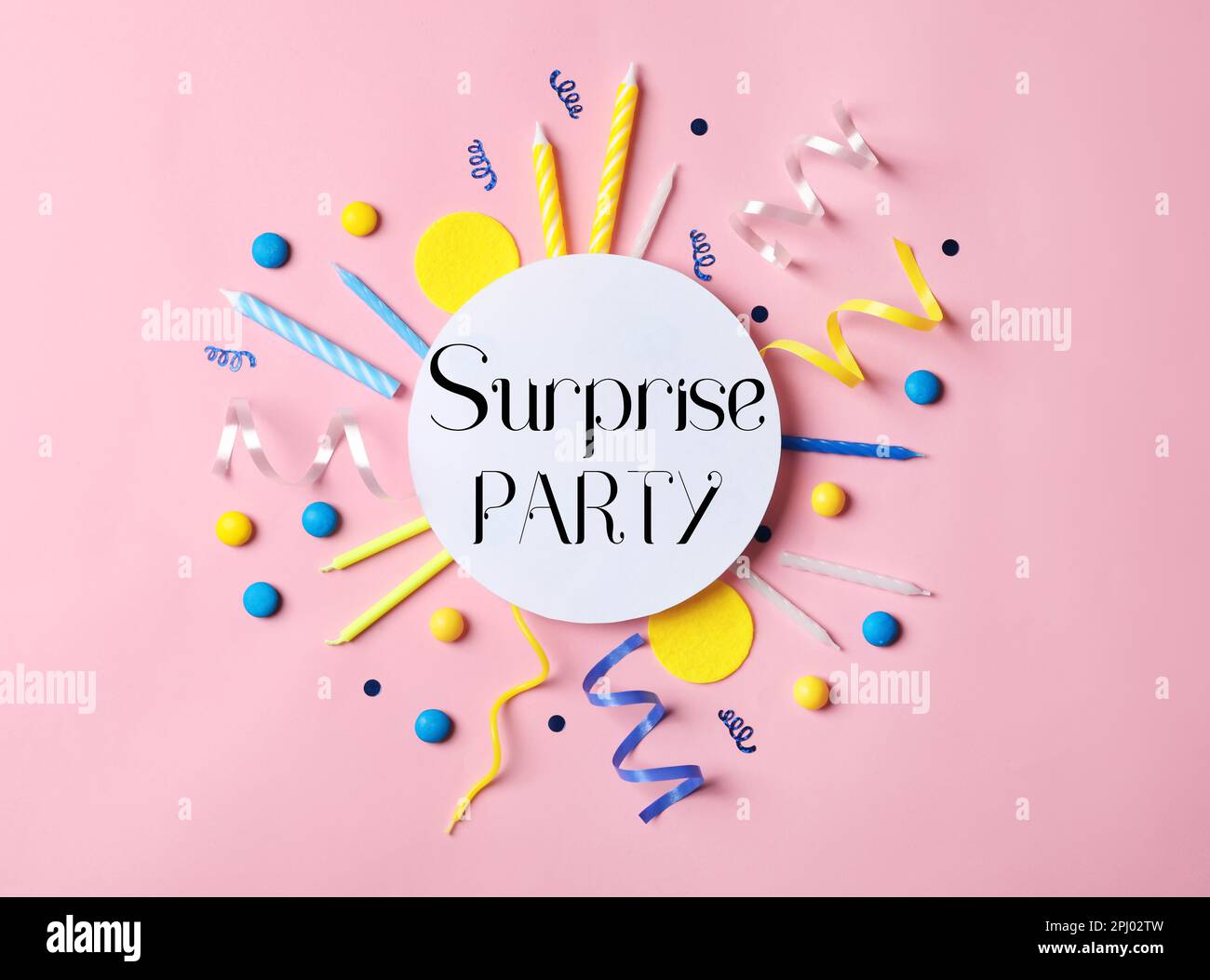 Flat lay composition with different items for surprise party on pink ...
