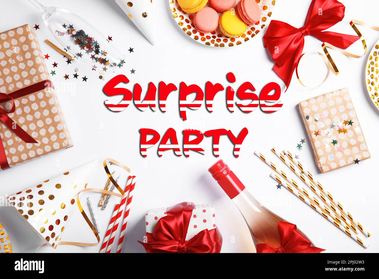 Flat lay composition with different items for surprise party on white ...