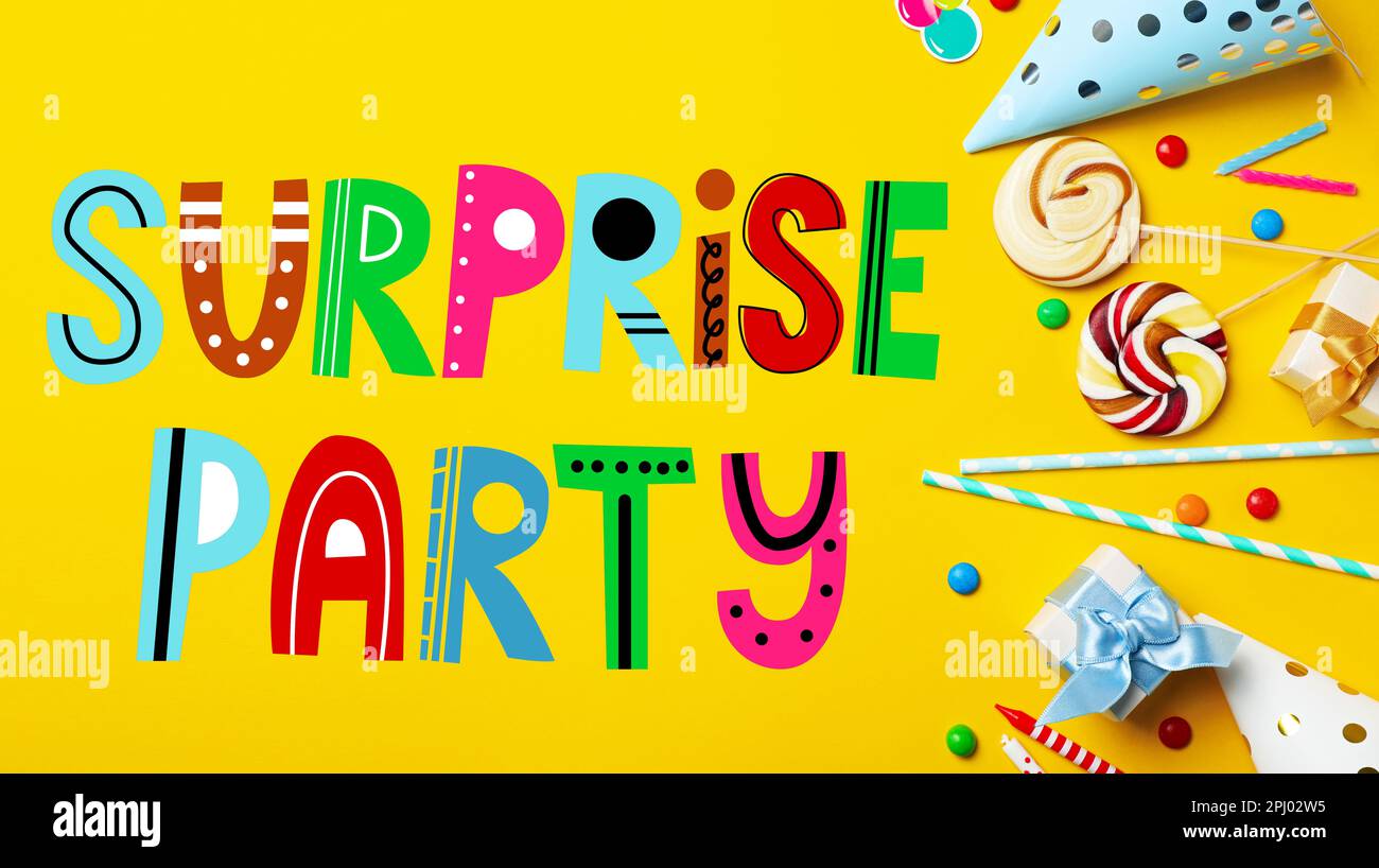Flat lay composition with different items for surprise party on yellow ...