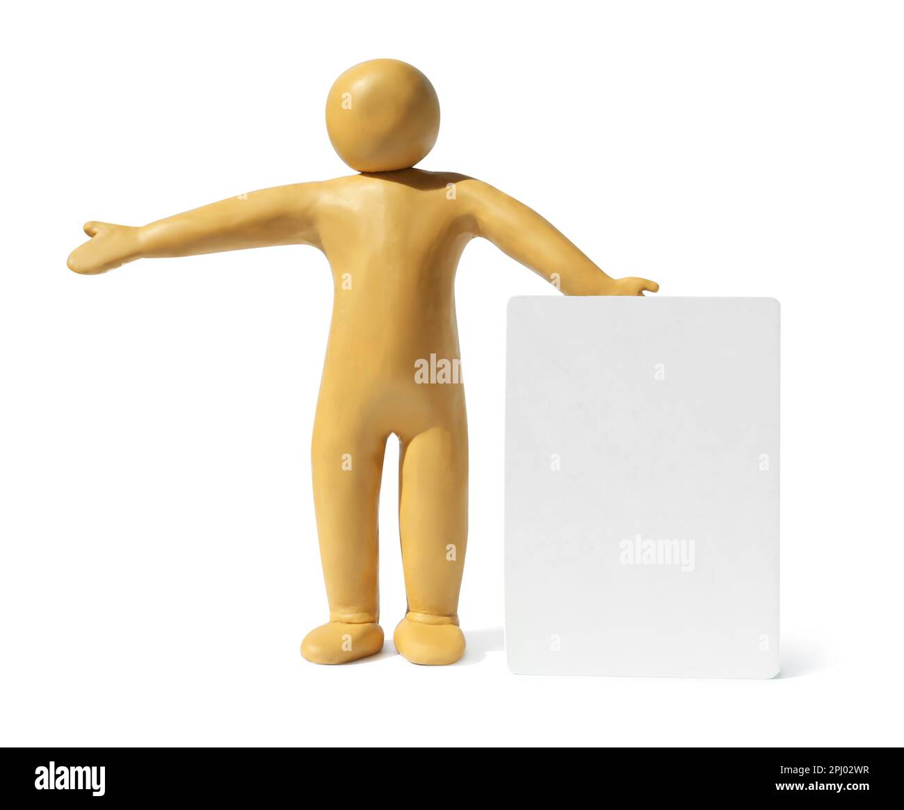 Yellow plasticine human figure with blank card isolated on white, space ...