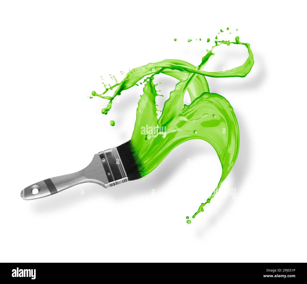 Brush and splashing green paint on white background Stock Photo - Alamy