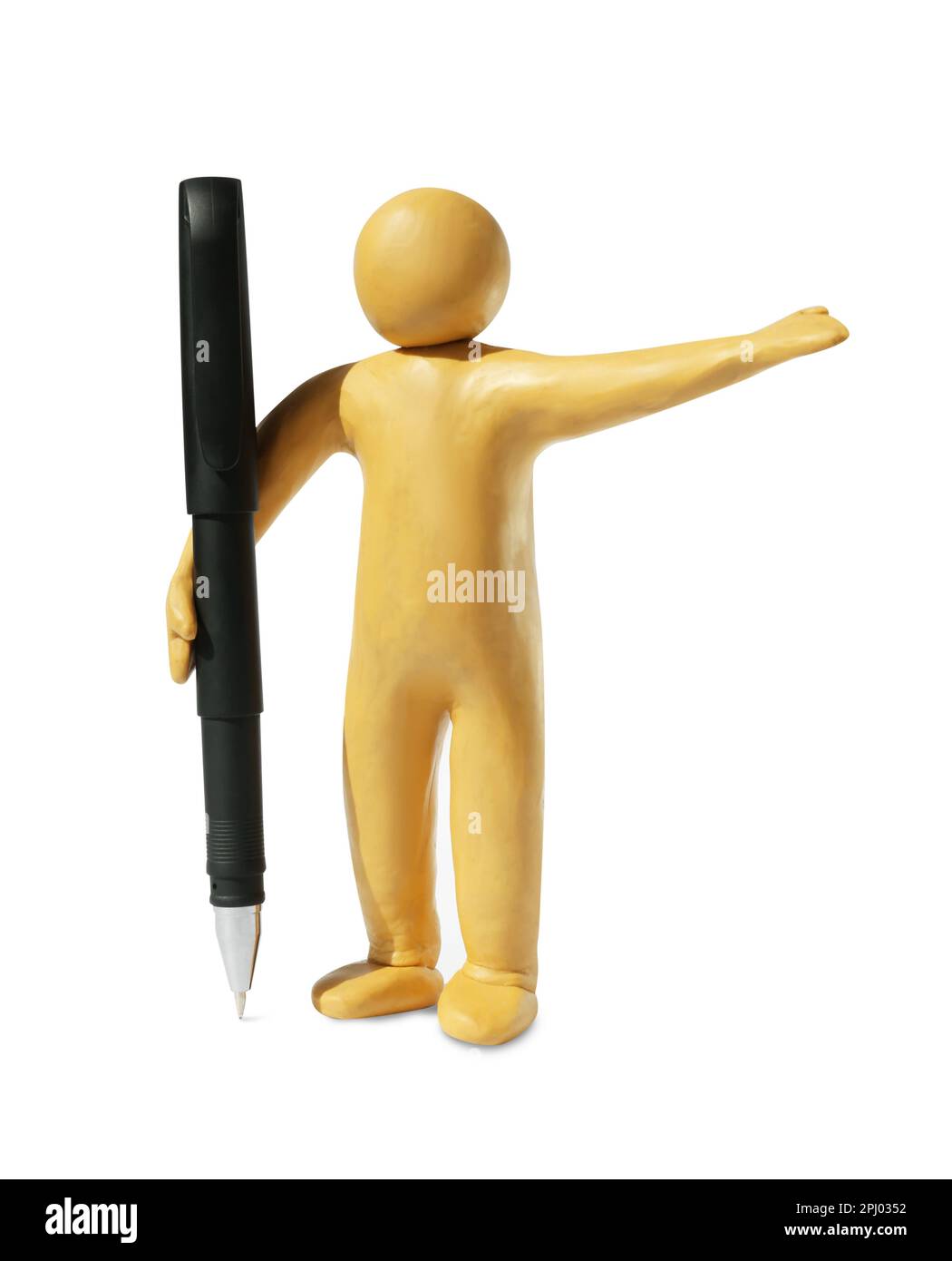 Human figure made of yellow plasticine holding pen isolated on white ...