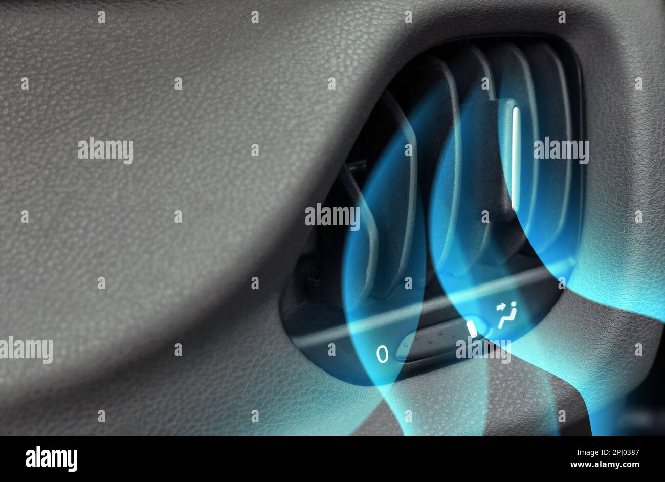 Closeup view of conditioning system in car and illustration of cool air ...