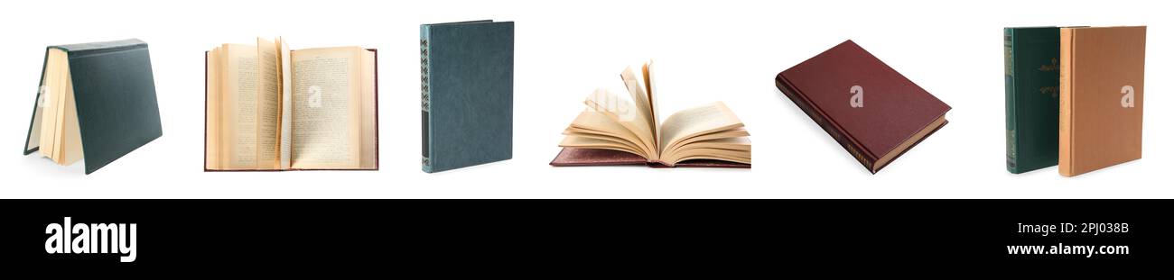 Collection of different hardcover books on white background. Banner ...