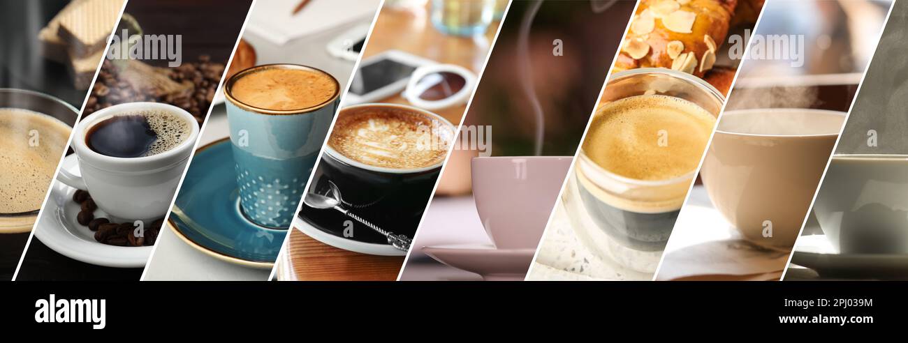 Beautiful collage with different photos of aromatic coffee. Banner ...