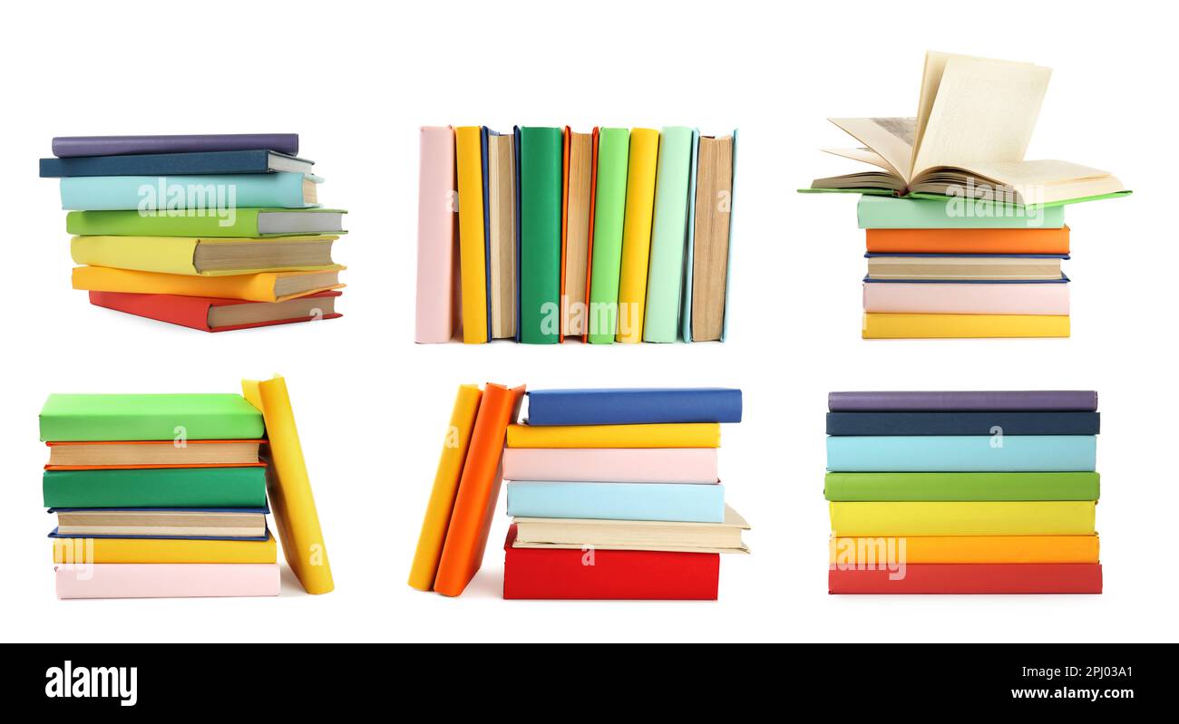 Collection of different hardcover books on white background Stock Photo ...
