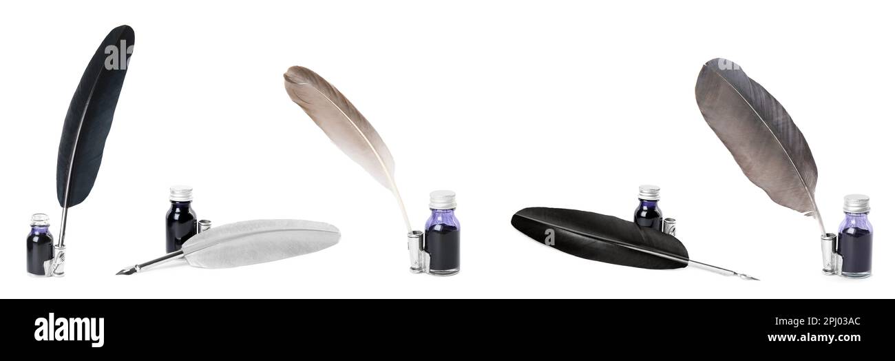 Set with quills and inks on white background. Banner design Stock Photo ...