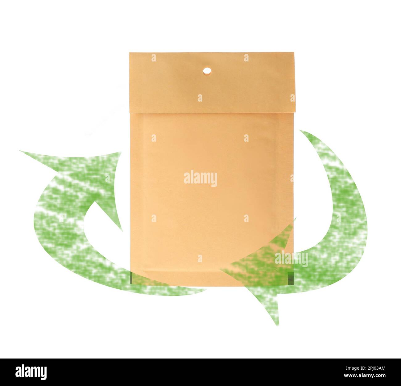 Kraft paper envelope and green arrows on white background. Recycling ...
