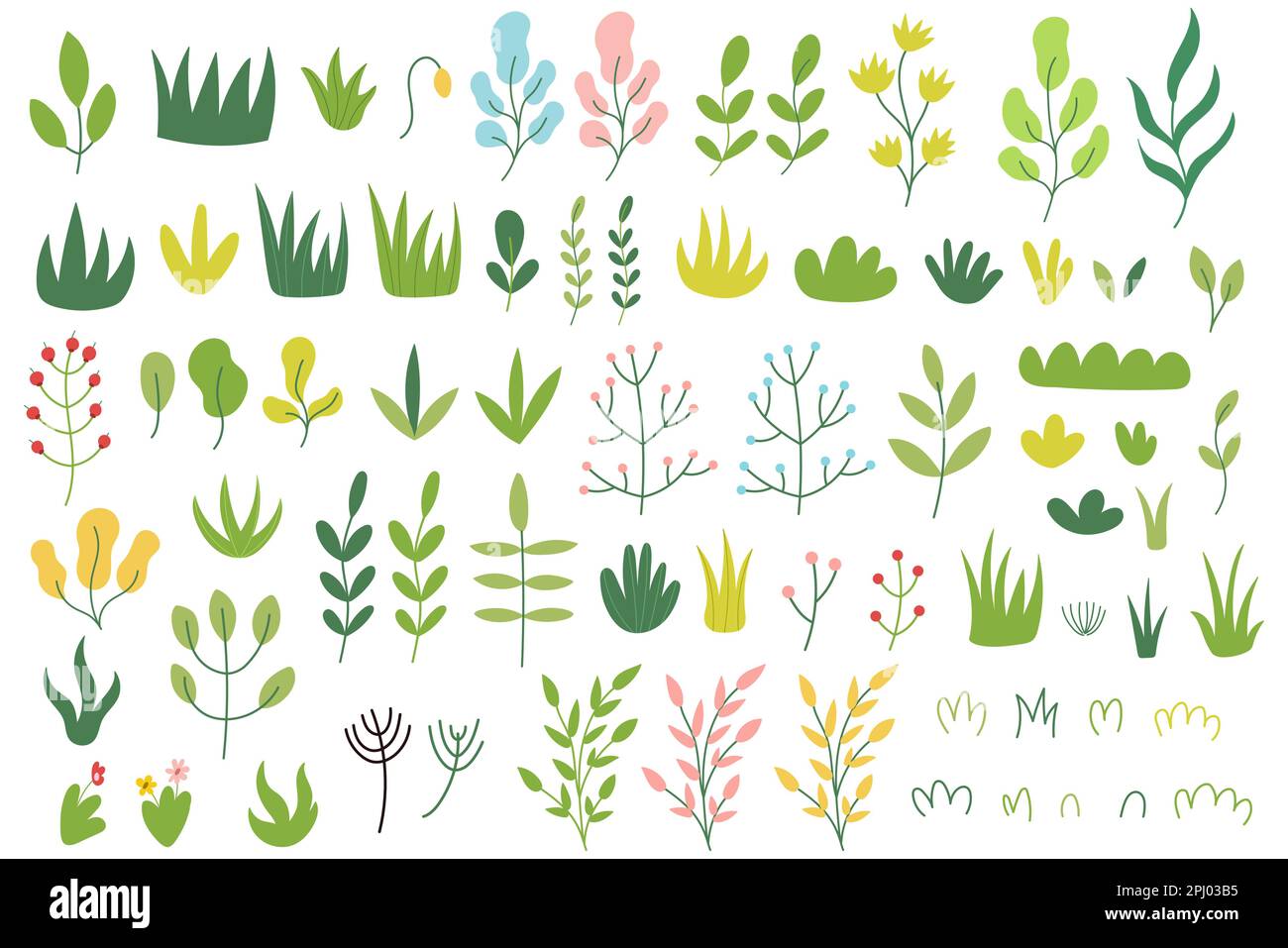 Doodle plants bundle in cartoon style. Grass, sprouts and leaves big ...