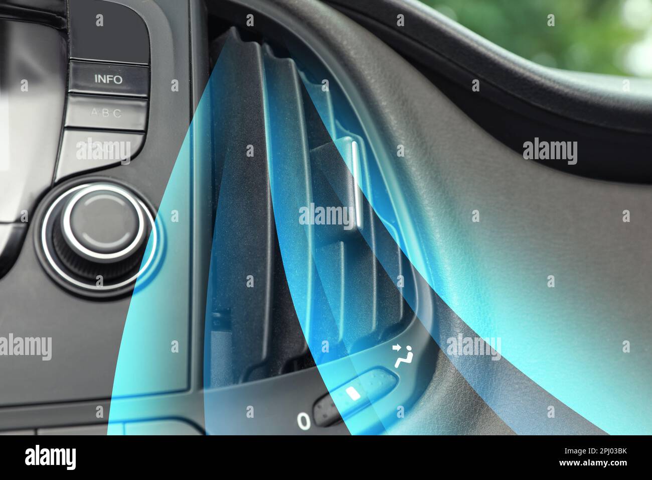 Closeup view of conditioning system in car and illustration of cool air ...