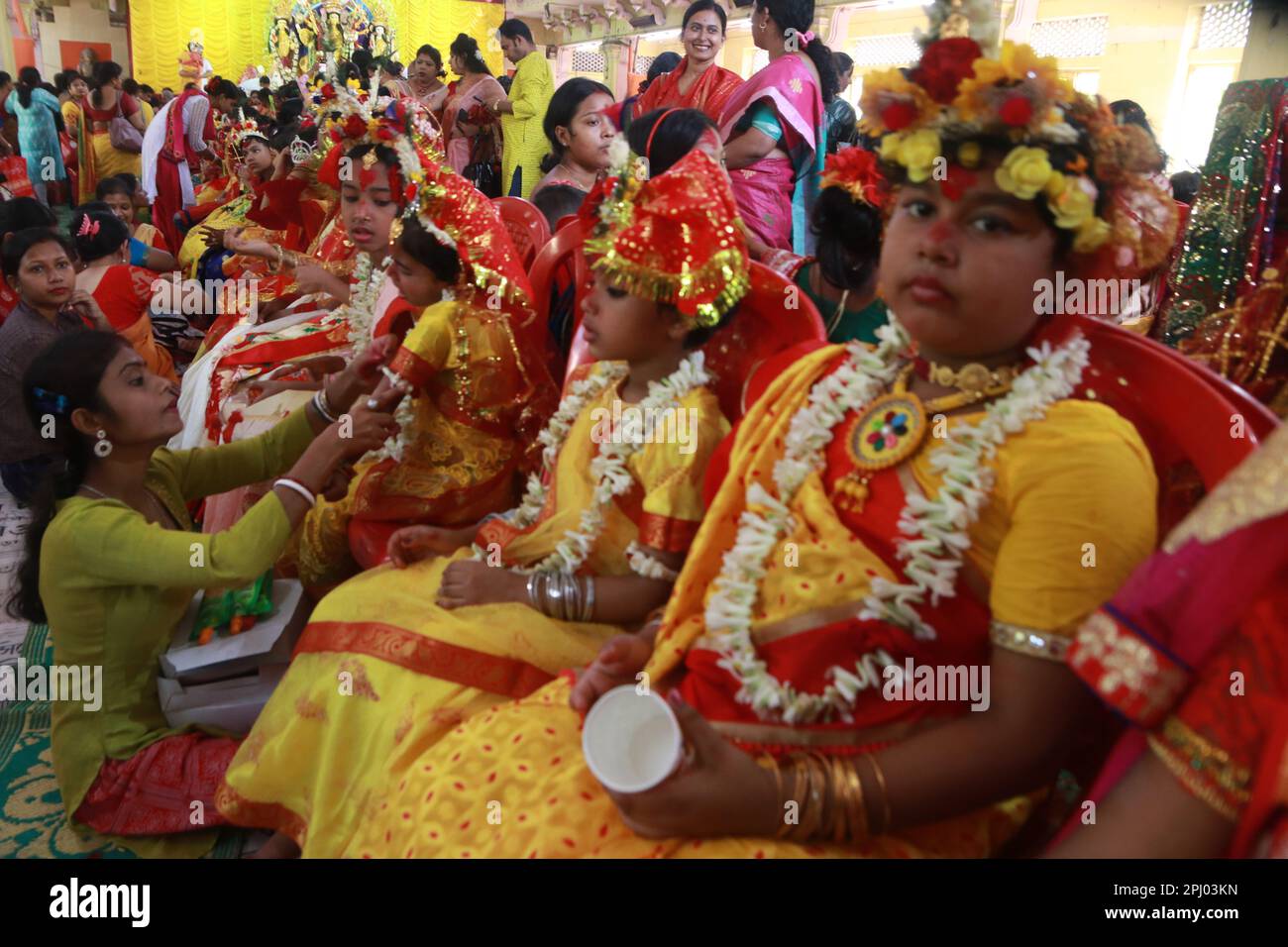 March 30, 2023, Kolkata, West Bengal, India: Hindu girls sit together ...