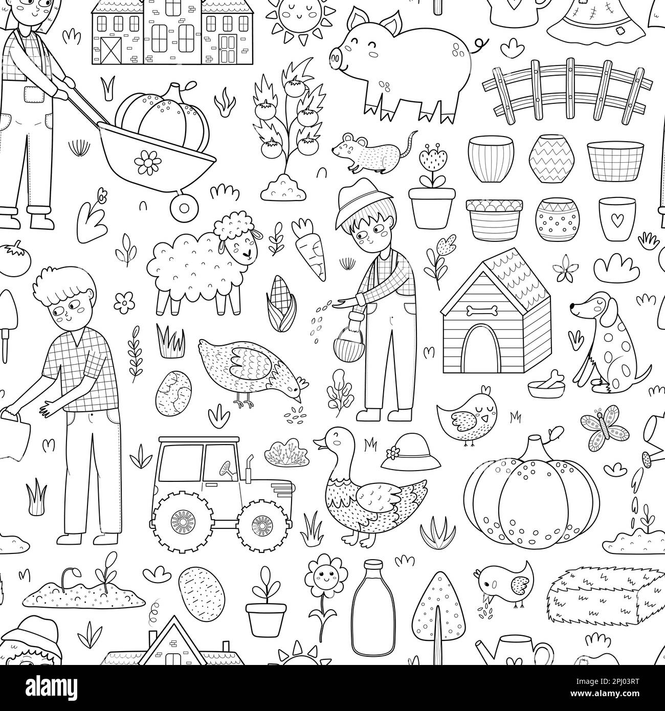Black and white farm seamless pattern with cute characters in cartoon ...