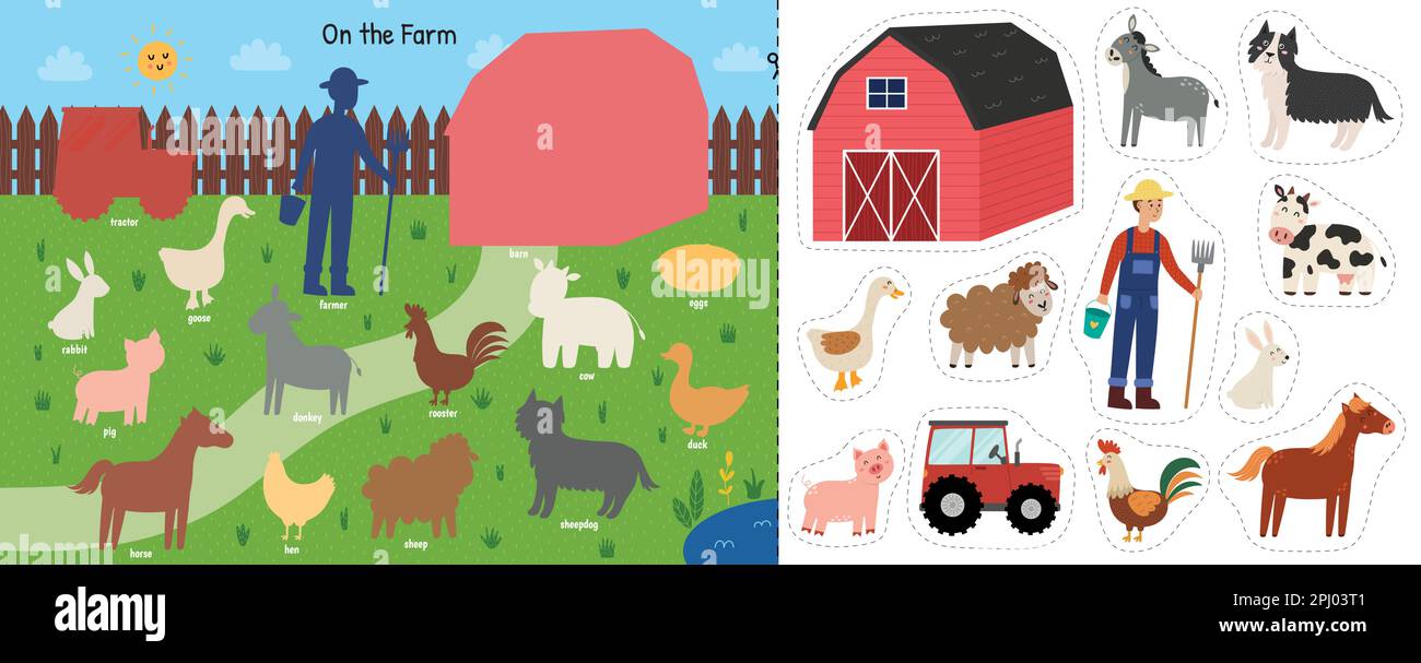 On the farm cut and glue game with cute animals and their names ...
