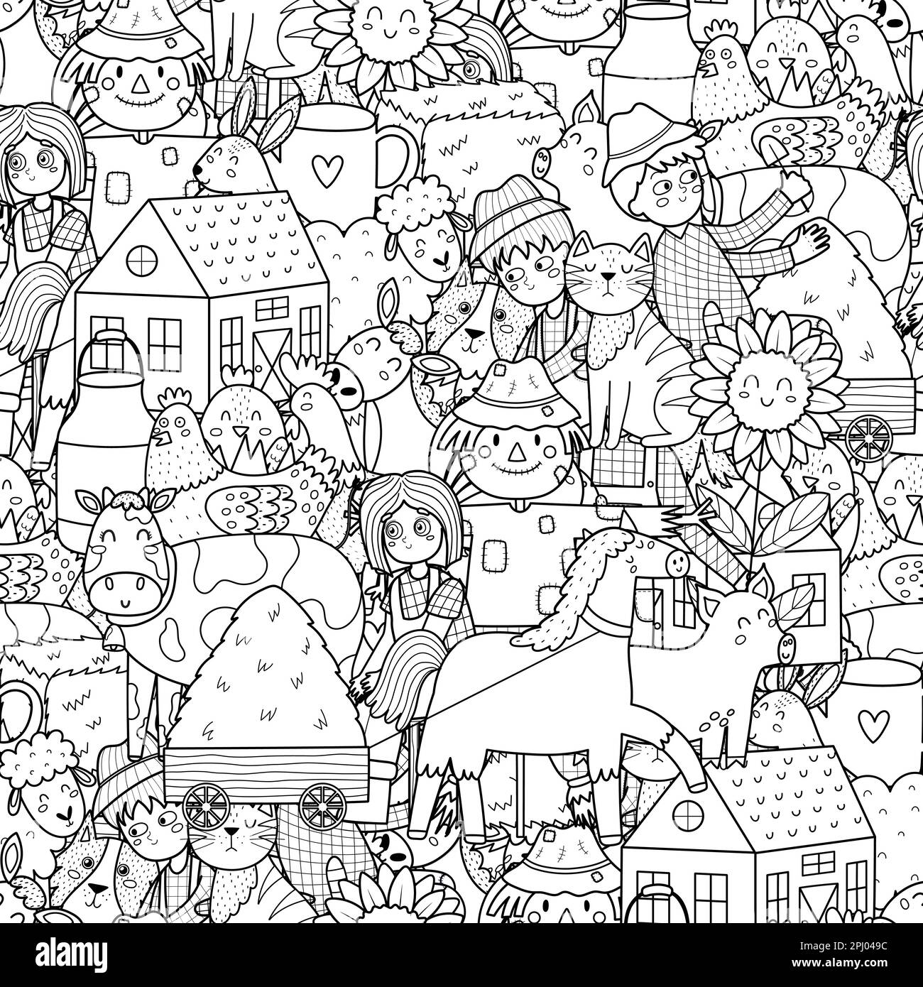 Doodle farm characters seamless pattern. Cute coloring page with ...
