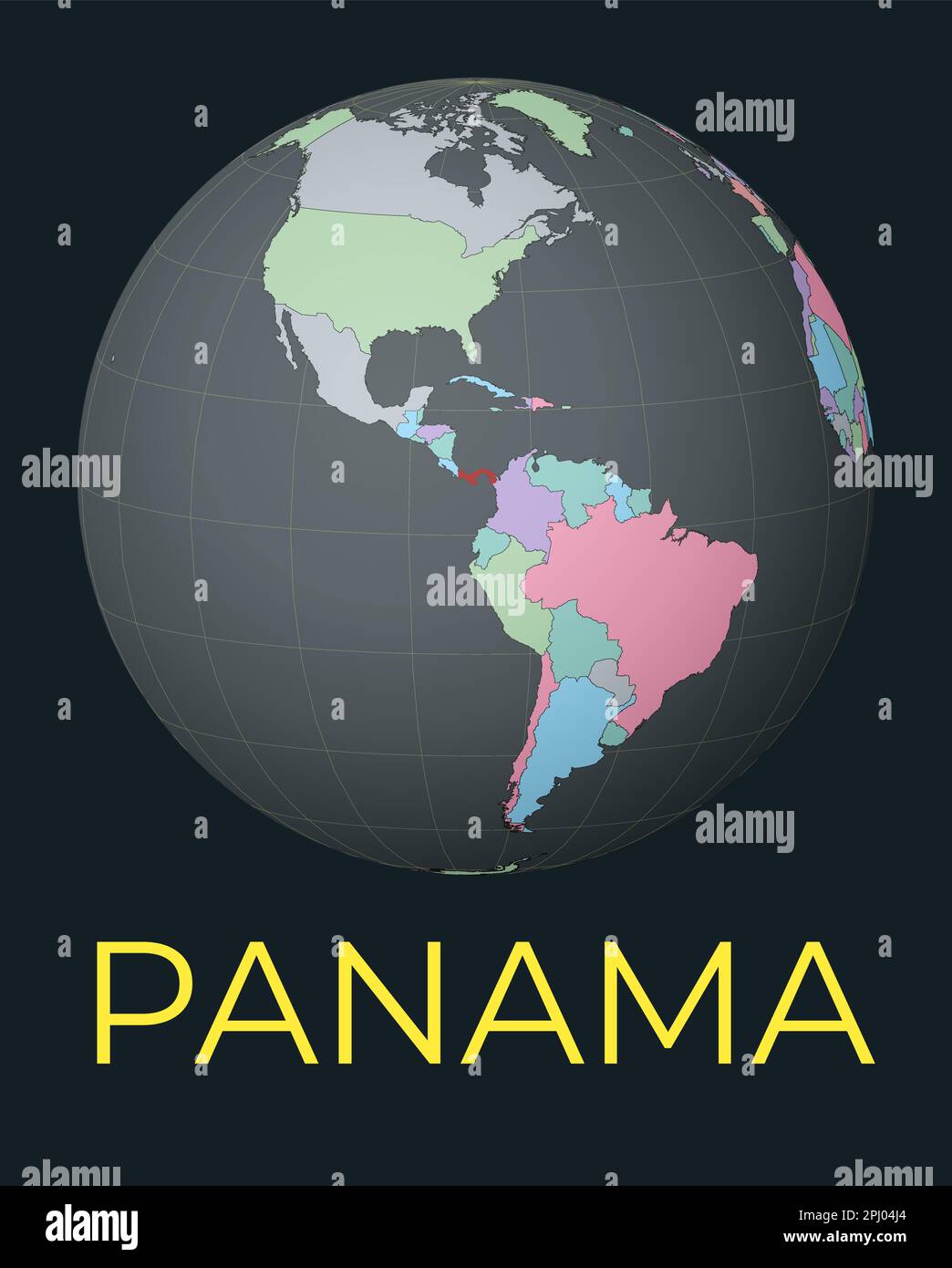 World map centered on Panama. Red country highlighted. Satellite world ...