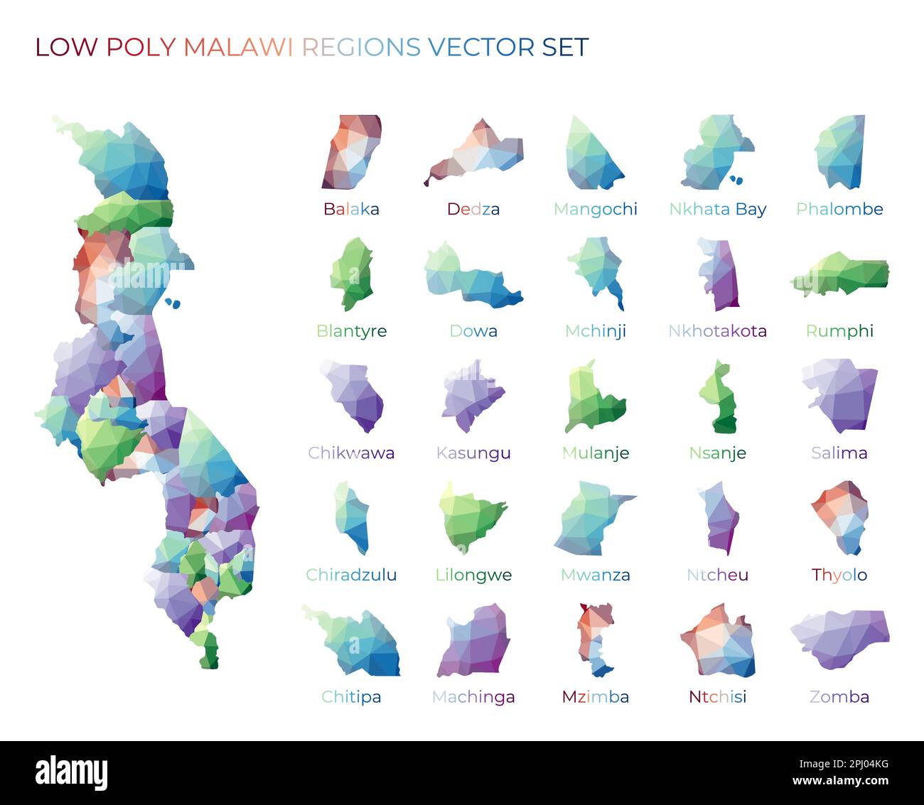 Malawian low poly regions. Polygonal map of Malawi with regions. Geometric maps for your design ...