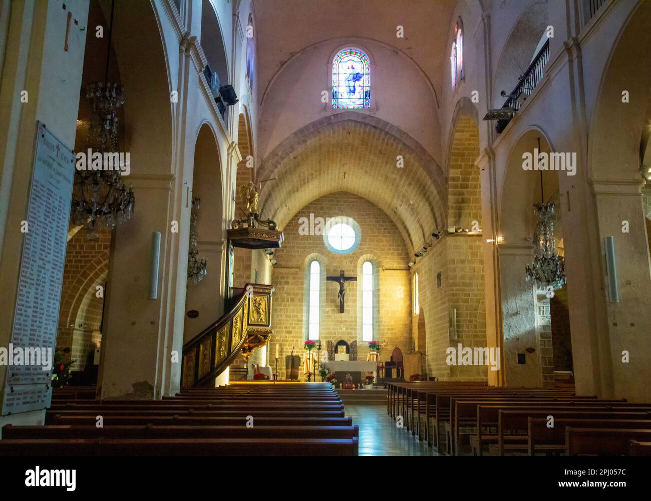 View of church interior, with lighted windows, landscape view Stock ...