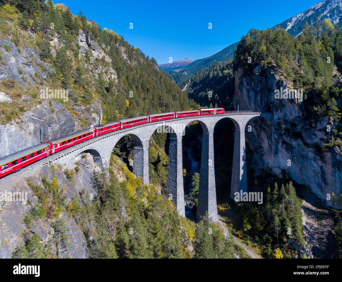 Landwasser Viaduct with train and locomotive, railway bridge near ...