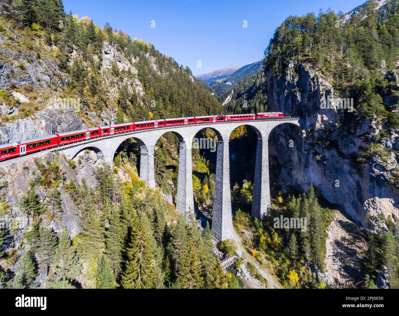 Landwasser Viaduct with train and locomotive, railway bridge near ...