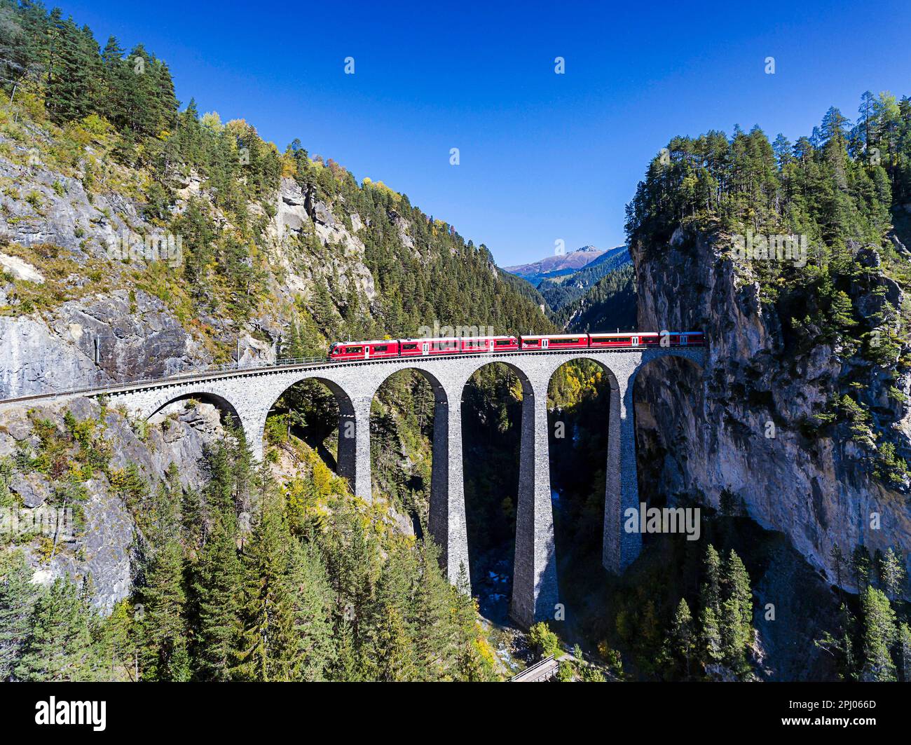 Landwasser Viaduct with train and locomotive, railway bridge near ...