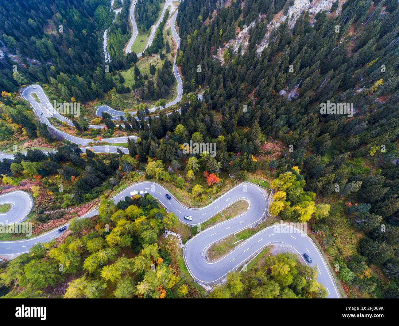 Maloja Pass, winding Swiss Alpine pass, drone photo in autumn, the pass ...