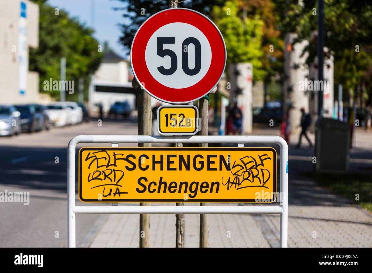 Municipality of Schengen in the border triangle, place name sign ...