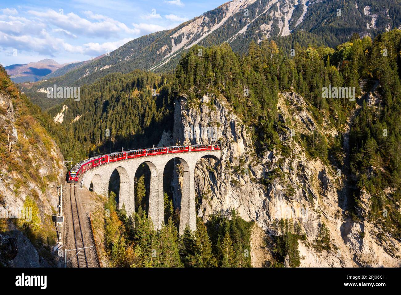 Landwasser Viaduct with train and locomotive, railway bridge near ...