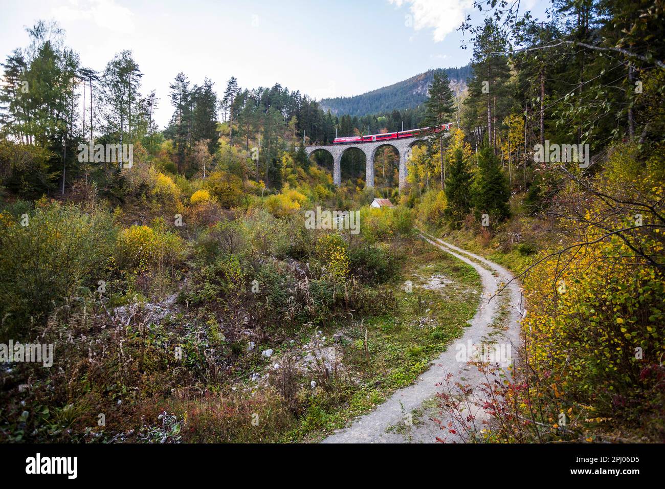 Landwasser Viaduct with train and locomotive, railway bridge near ...