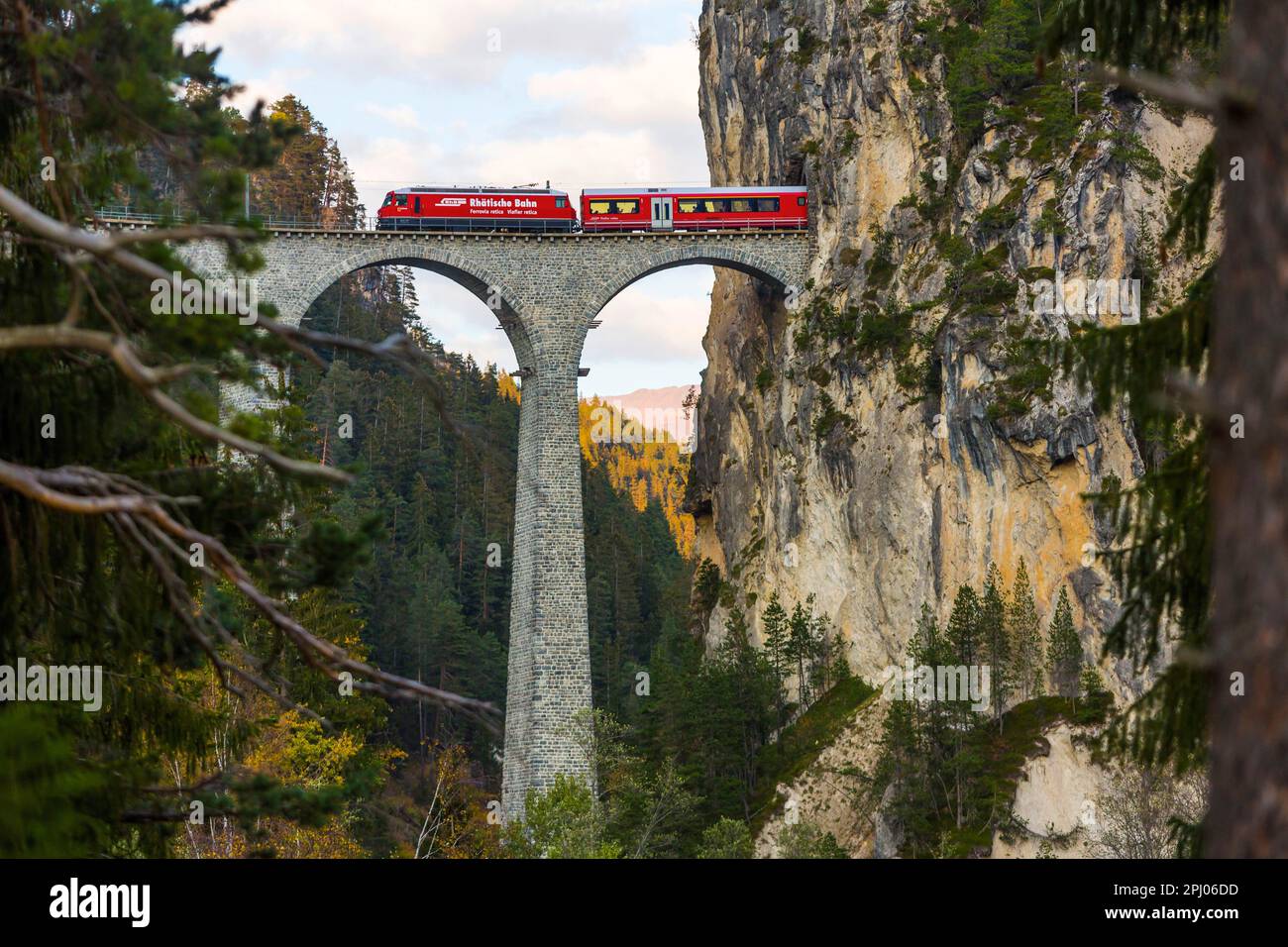 Landwasser Viaduct with train and locomotive, railway bridge near ...