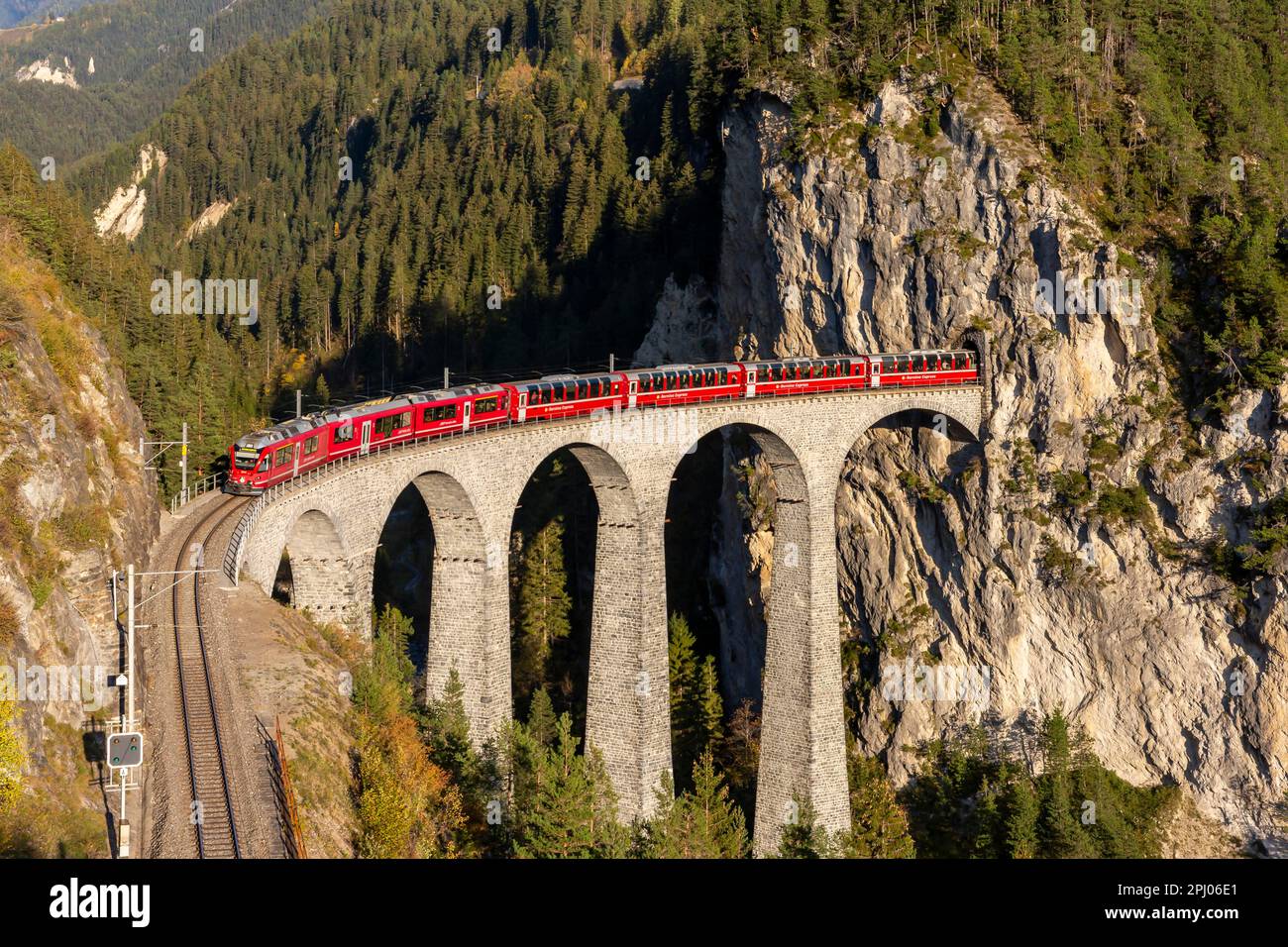 Landwasser Viaduct with train and locomotive, railway bridge near ...
