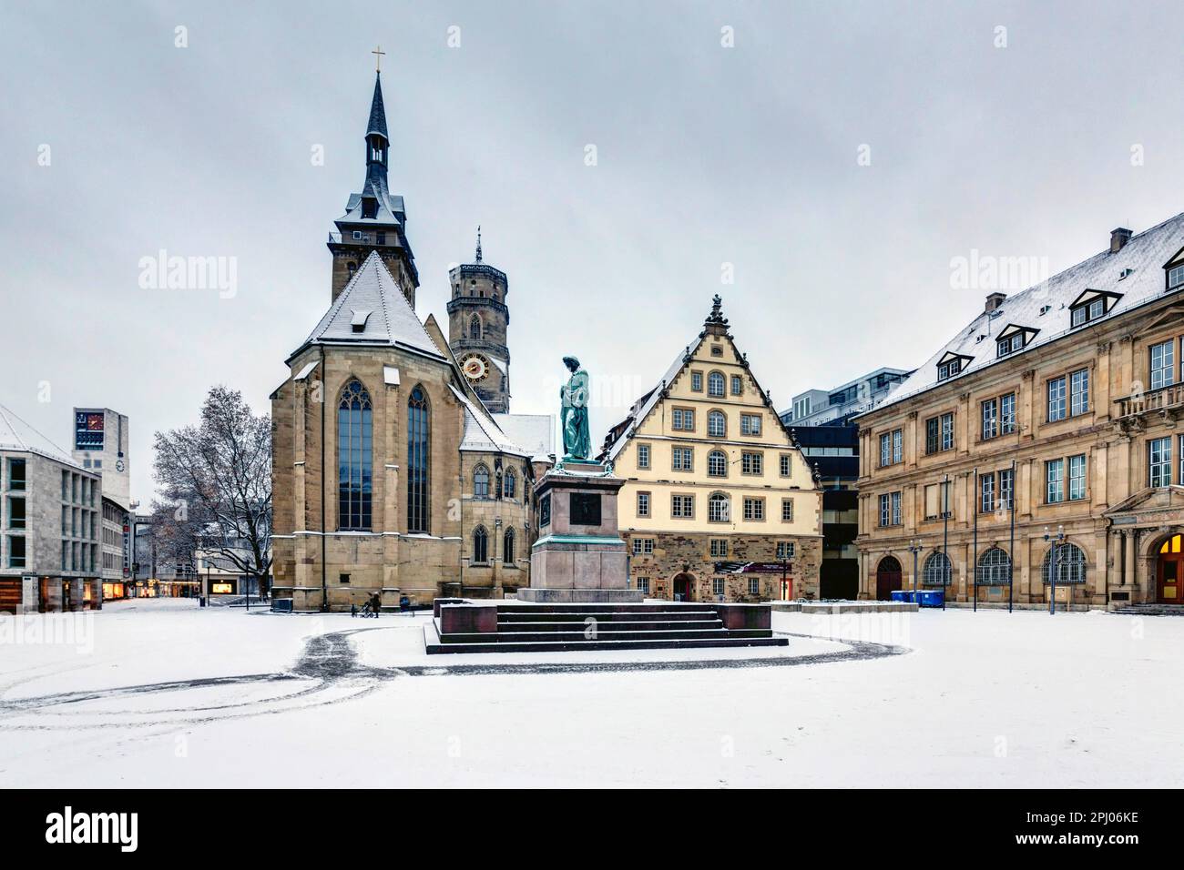 City view with snow, Schillerplatz with town hall tower, collegiate ...