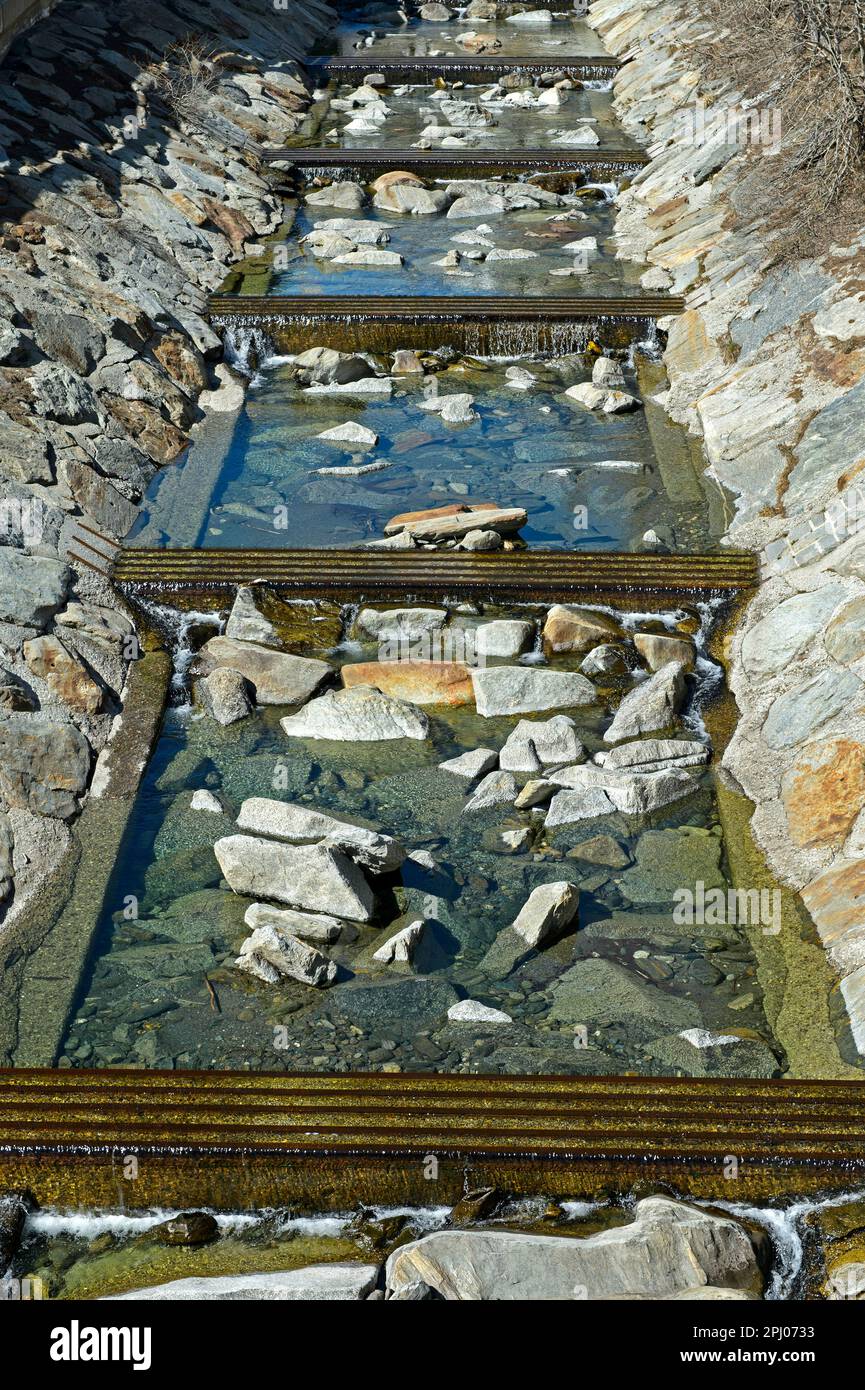 Regulated stream with straightened banks and artificial rapids in the ...