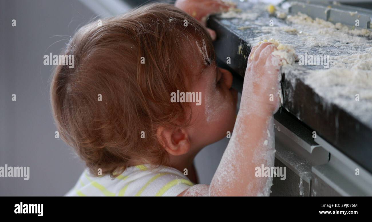Messy baby child covered with flour at kitchen. Infant one year old ...