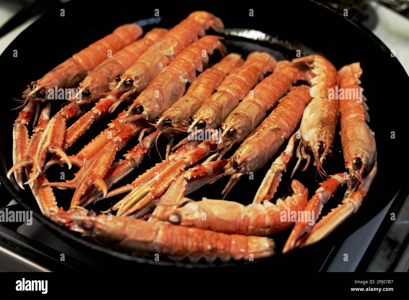 Scampi (Nephrops norvegicus) cooked in a cast iron pan. Fresh shellfish ...