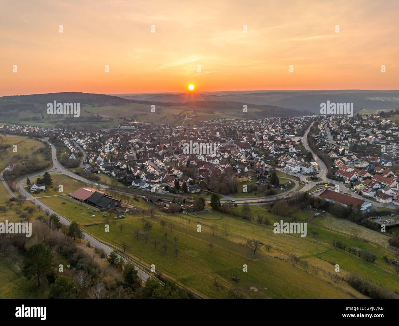View of the village at sunset, Calw Stammheim, Black Forest, Germany ...