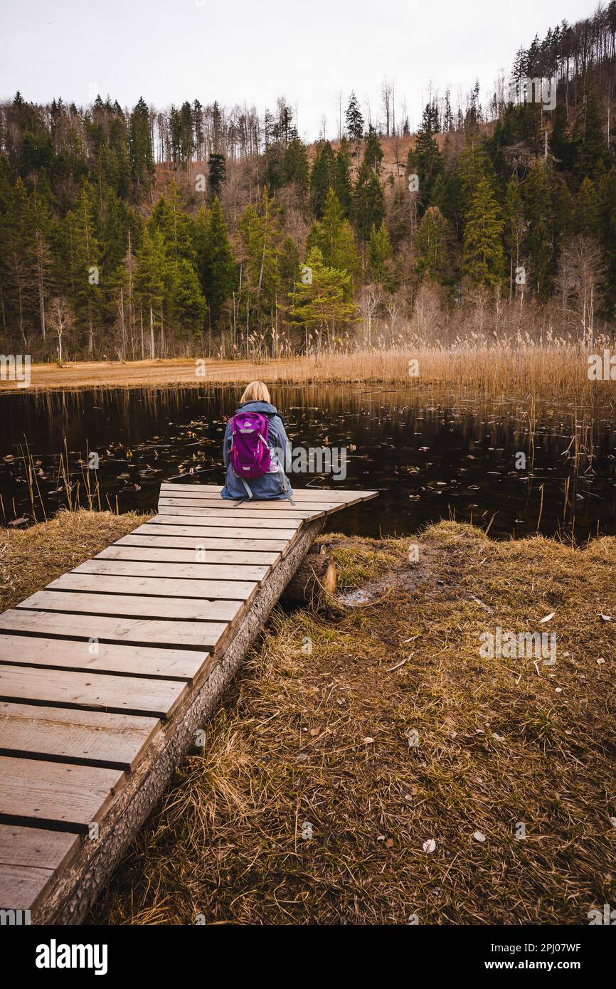 Hiker with backpack sitting on footbridge at lake, Schwansee, Allgaeu ...