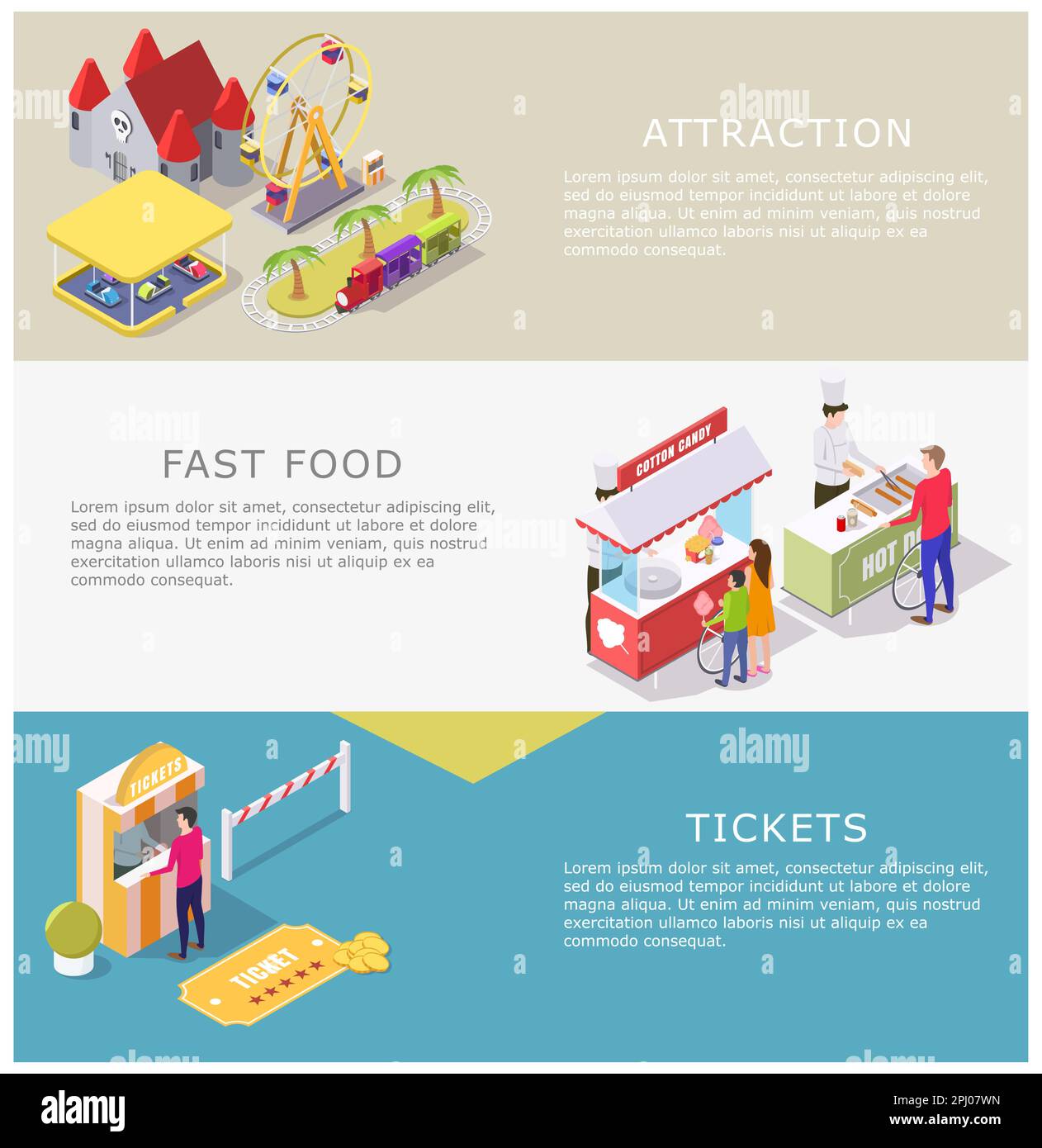 Amusement park vector web banner template set isometric carousel hi-res ...