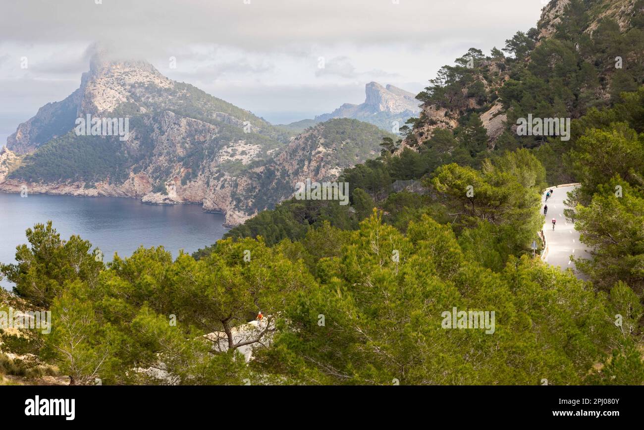 Road cyclists against the backdrop of Cap Formentor on Mallroca Stock ...