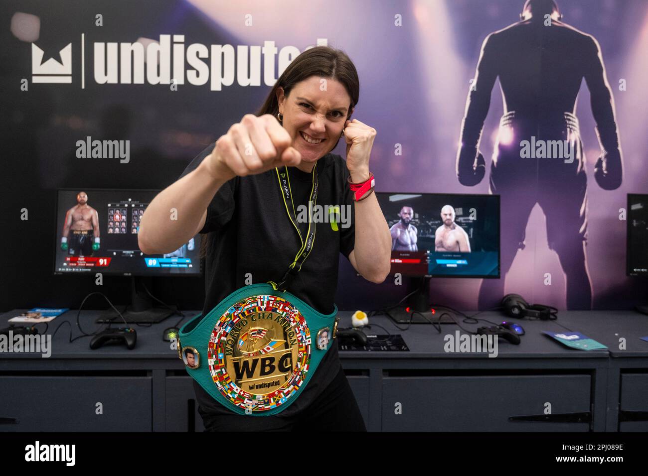 London, UK. 30 March 2023. A staff member wears a WBC world ...