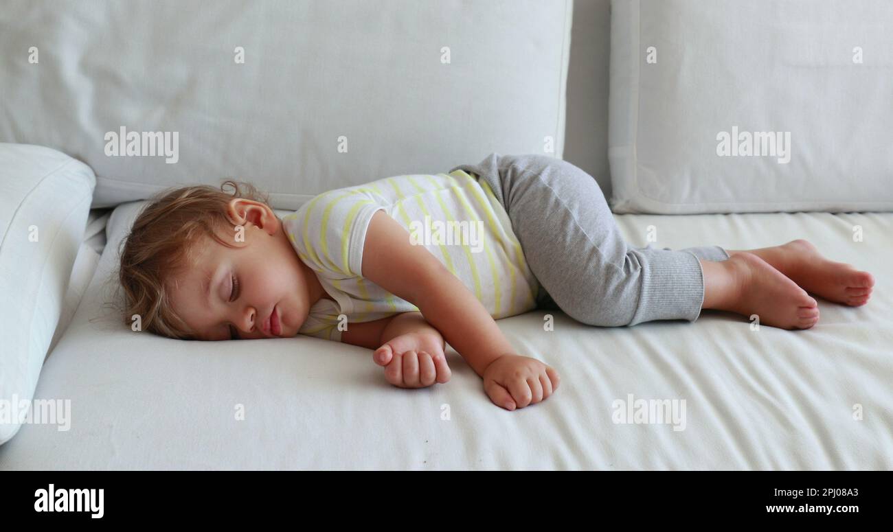 Cute baby sleeping slouched on sofa. Adorable infant boy toddler ...