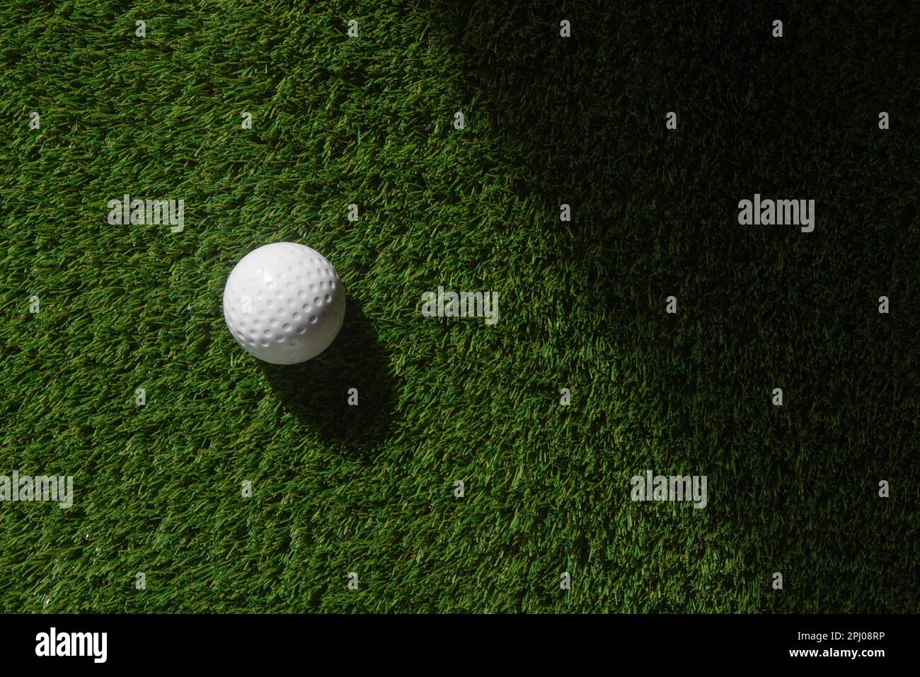 White dimple hockey ball and golf ball on green grass. Horizontal sport ...