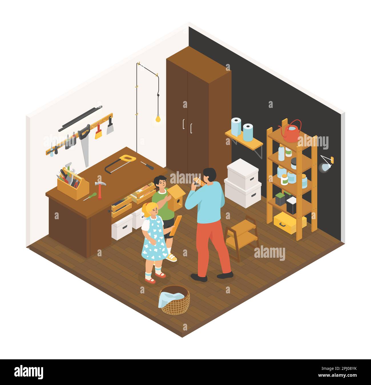 Making a birdhouse in a carpentry - vector colorful isometric ...