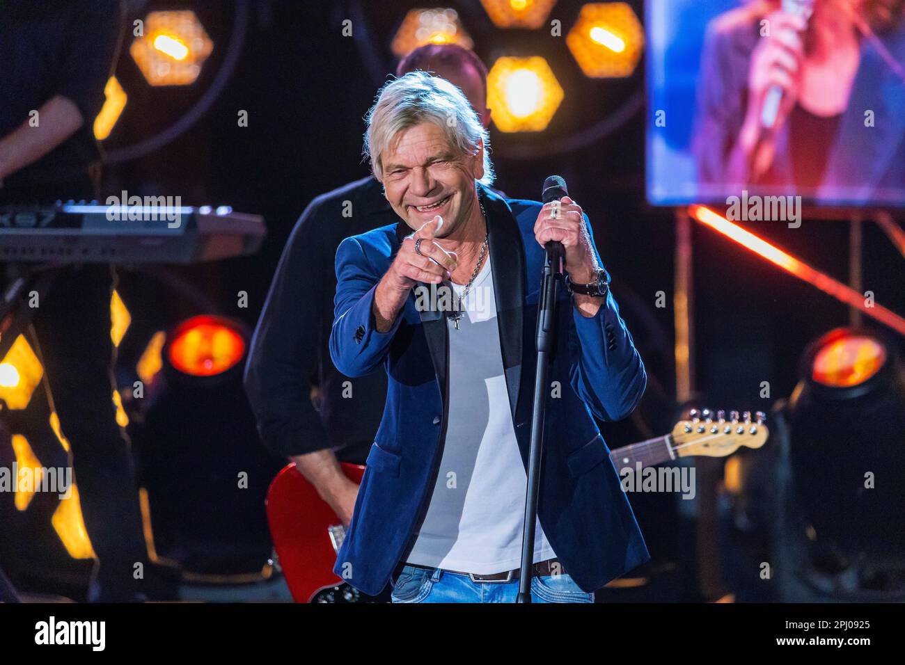 Singer Matthias Reim performing on stage. 50 years of the ZDF Hit ...