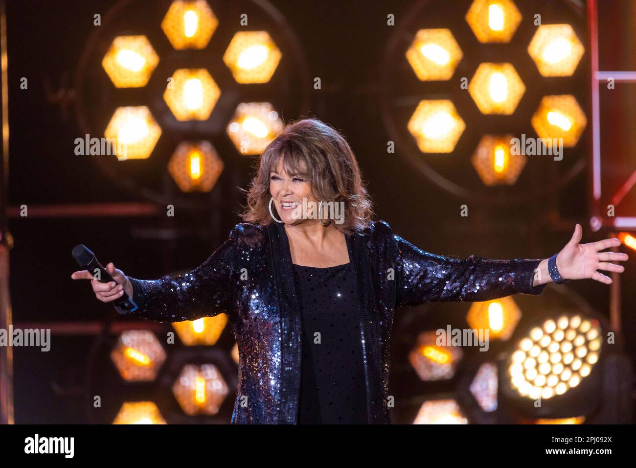 Wencke Myhre performing on stage. 50 years of ZDF Hitparade, jubilee ...