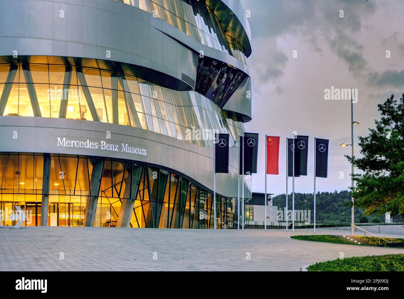 Mercedes Benz Museum, flags with the Mercedes star, Chinese flag ...
