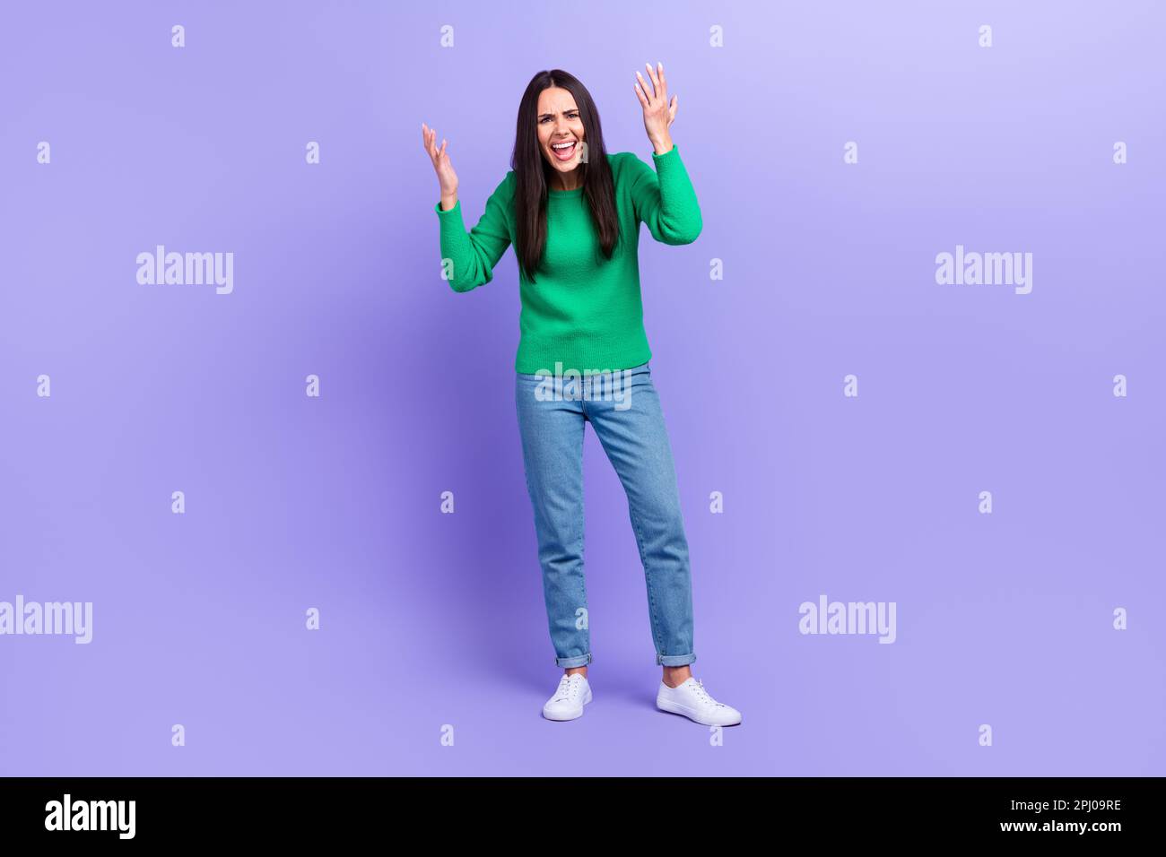 Full length photo of sad depressed woman scream on camera argument ...