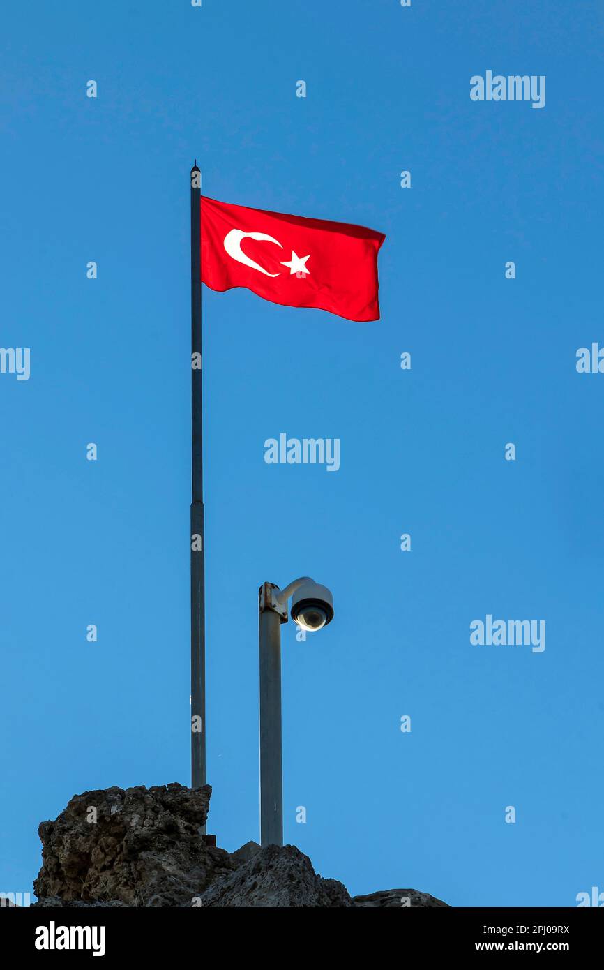 Turkish flag, surveillance camera, Selimiye, Antalya, Turkey Stock ...