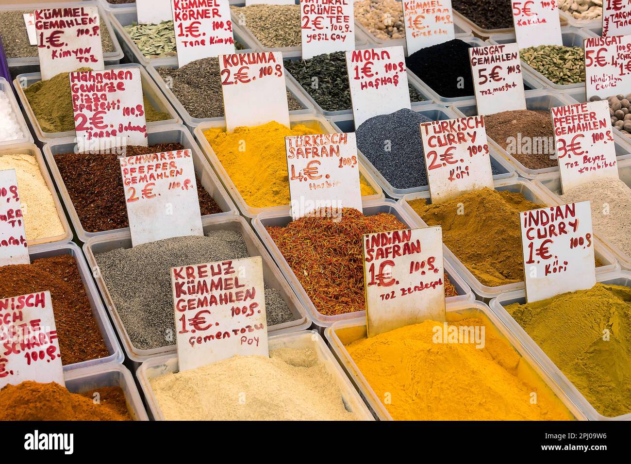 Colourful spices, variety at the farmers market in Manavgat, Antalya ...