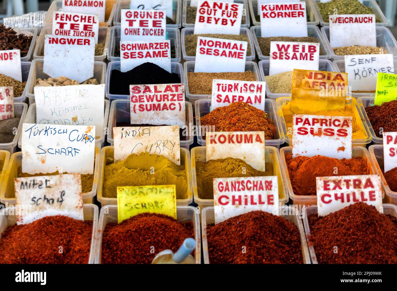 Colourful spices, variety at the farmers market in Manavgat, Antalya ...